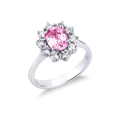 Anillo Lady Di en oro blanco 18k con zafiro rosa y diamantes | GV